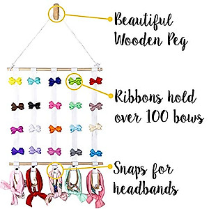 Hair Bow Holder Organizer for Girls - White Cotton Ribbons - Headband, Hair Tie, Clip, Bow Organizers - Baby Hair Accessories Storage Display - Decoration for Girls Room - Baby and Toddler