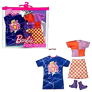 Barbie Fashions 2-Pack Clothing Set, 2 Outfits for Barbie Doll Includes Color-blocked Shirt with Checkered Skirt, a “GRL PWR” Blue Sweatshirt Dress & 2 Accessories, Gift for Kids 3 to 8 Years Old