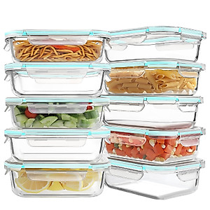 HOMBERKING 10 Pack 22oz Glass Meal Prep Containers, Glass Food Storage Containers with Lids, Airtight Glass Lunch Bento Boxes, BPA-Free & Leak Proof (10 lids & 10 Containers) - Blue