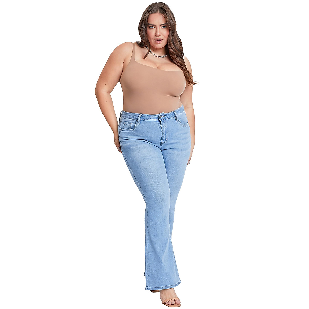 YMI Women's Junior Plus Size Classic Boot Cut Flare Bell Bottom Casual Denim Jeans (Light Blue, 18)