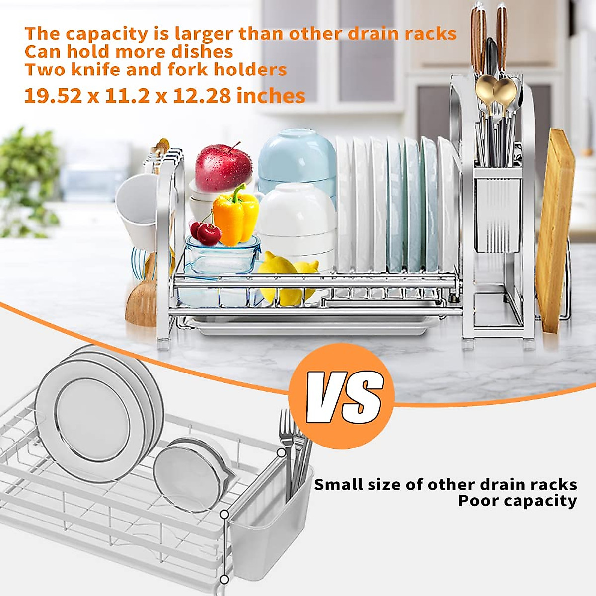 SPAKITCHCE Large Dish Rack Dry Drainer - Stainless Steel Dish Dryer Racks Metal Dish Drying Rack with Draining Drainboard Cutting Board for Kitchen Counter Saving Space