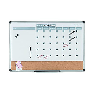 MasterVision Magnetic Dry Erase Monthly Calendar Planner Push Pin Corkboard Combo with Marker Tray, 24" x 36", Gray Plastic Frame, White, MB0707186P
