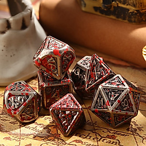 Halloween Dice Set Bloodstained Metal Polyhedral Gaming Dice Set Engraved Skeleton Dice for Tabletop Role Playing Games Dungeons and Dragons