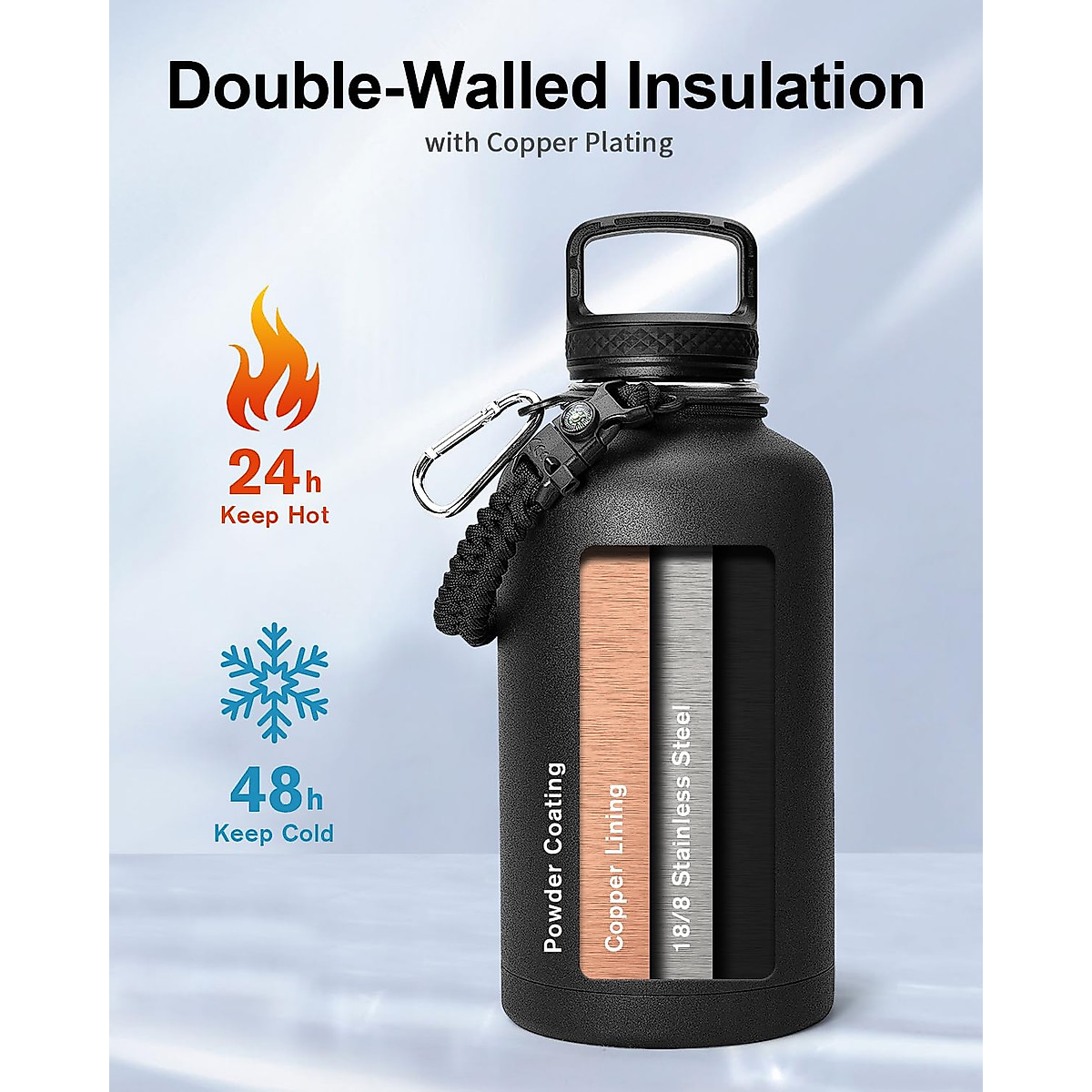 Trebo Half Gallon Water Bottle with Paracord Handle 64oz Wide Mouth Insulated Double Wall Stainless Steel Large Sports Flask Keep Hot 24 Hours & Cold 48 Hours Water Jug with 3 Lids, Black