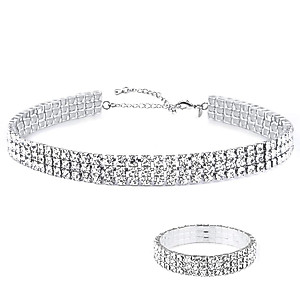 Zealmer Women White Gold Plated 3 Rows Rhinestone Choker Necklace & Bracelets Set