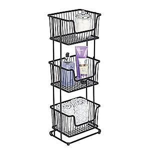 mDesign Tall 3 Basket Tiered Bathroom Holder, Metal Wire Floor Stand Storage Layered Rack with Three Tier Storage Shelving Bathroom Organizer Bins for Bath Towels, Hand Soap, and Toiletries - Black