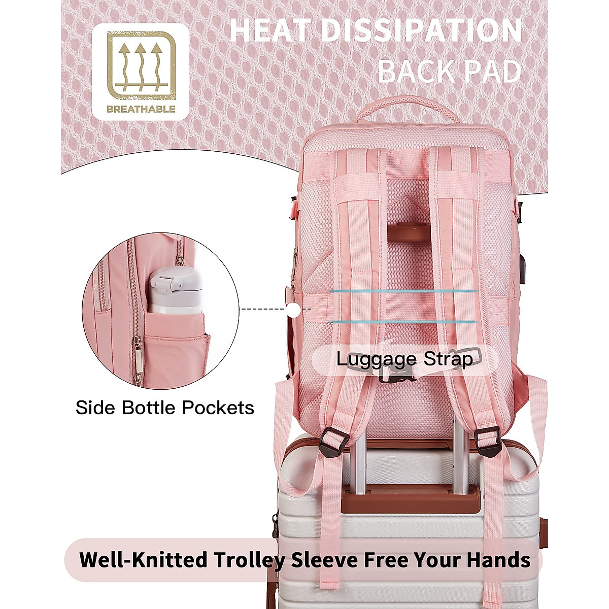 Telena Travel Backpack for Women Large Carry On Backpack Airline Approved Personal Item Backpack with USB Charging Port Waterproof Casual Bag, Pink