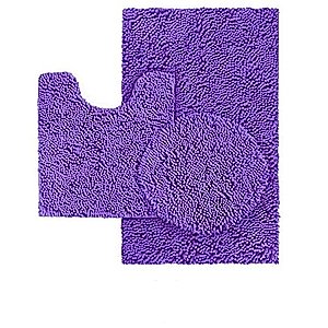 Linen Plus Collection Soft Shaggy Chenille Solid Bath Set Mats Non-Slip Bath Floor Mat, Contour Mat, Toilet Set Cover New # Chenille… (Purple)