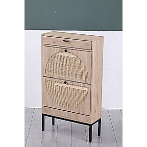 Brafab Shoe Storage Cabinet with 2 Flip Drawers&1 Small Drawer, Slim Entryway Shoe Organizer with Half Round Woven Rattan Doors for Sneakers…