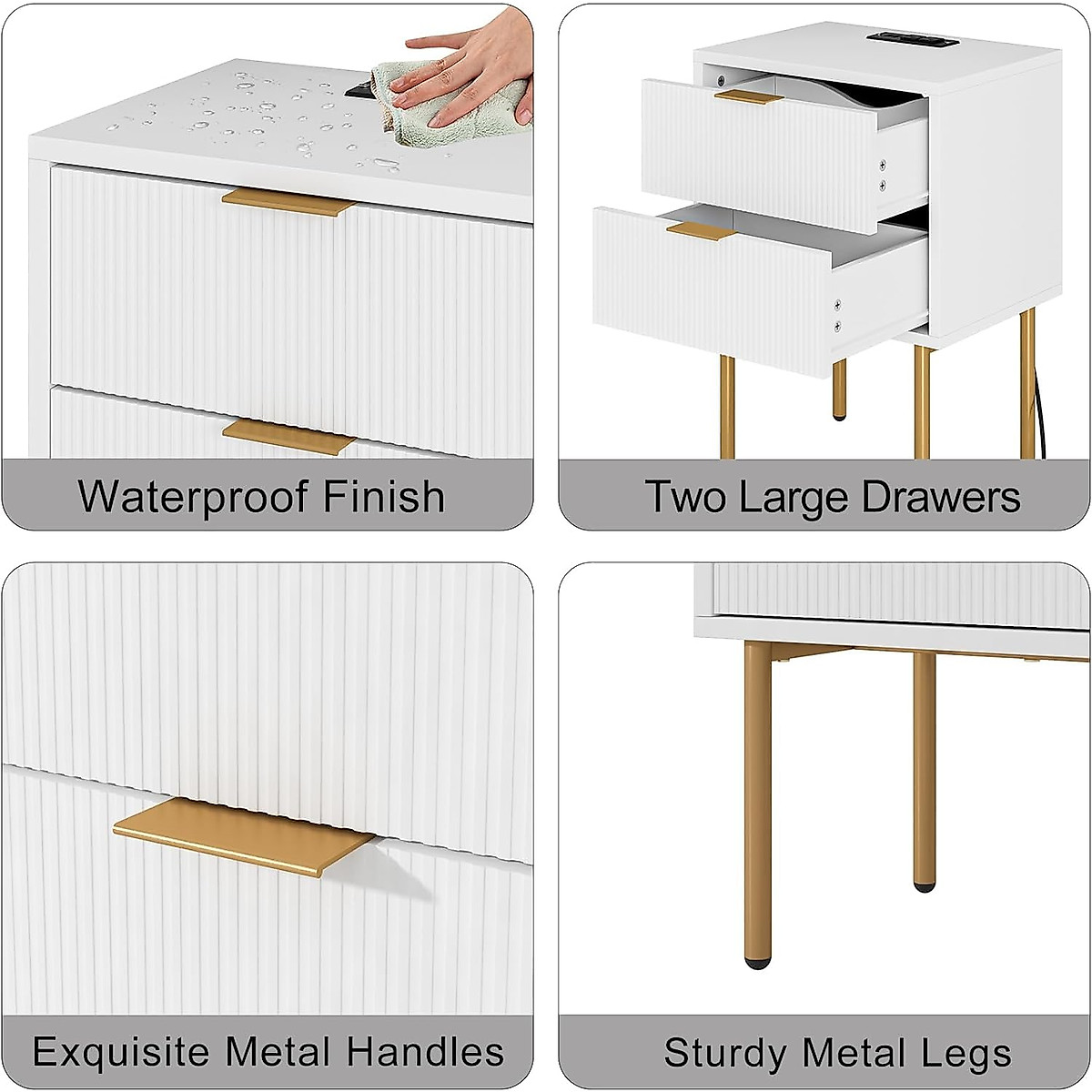 Aienvey Nightstand with Charging Station,Small Side Table with 2 Drawers, Bedside Furniture, White Night Stand, End Table with Gold Frame for Bedroom, Living Room, Stripe