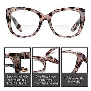 KISDATE OPTICS Glamorous Photochromic Bifocal Reading Glasses Sunglasses women Driving/Reading/Sunbathing Designer Jackie O Frame UV 400 Protection Outdoor Vintage Sun Readers （Leopard +1.5）