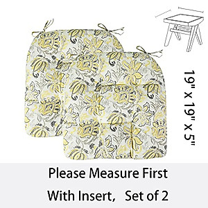 FUNHOME All Weather Patio Furniture Tufted Seat Cushion with Tie,19" x 19",Pack of 2,Waterproof Patio Chair Pads for Garden Patio Outdoor Decor-Yellow Flower