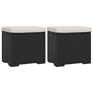 vidaXL Ottomans Set with Cushions - Black Poly Rattan Weather Resistant Outdoor Seating with Powder-Coated Metal Frame and Removable Cushions