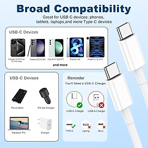 2-Pack [6.6FT+10FT] 60W USB C to USB C Cable, Type C to Type C Cable,Fast Charging Cable Compatible with iPhone 15/Plus/15 Pro/Pro Max，Samsung Galaxy S23 S22, iPad Pro, MacBook Air and More