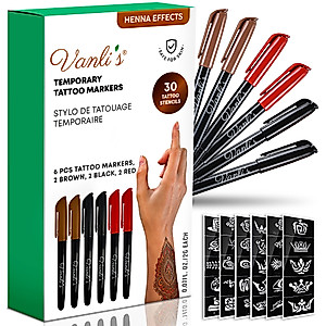Vanli’s Temporary Tattoo Markers - Skin-Safe Markers - Washable Markers - Fake Tattoo Kit with 6 Body Art Pens & 30 Tattoo Stencils - Stocking Stuffers for Teens - Easter Basket Stuffer
