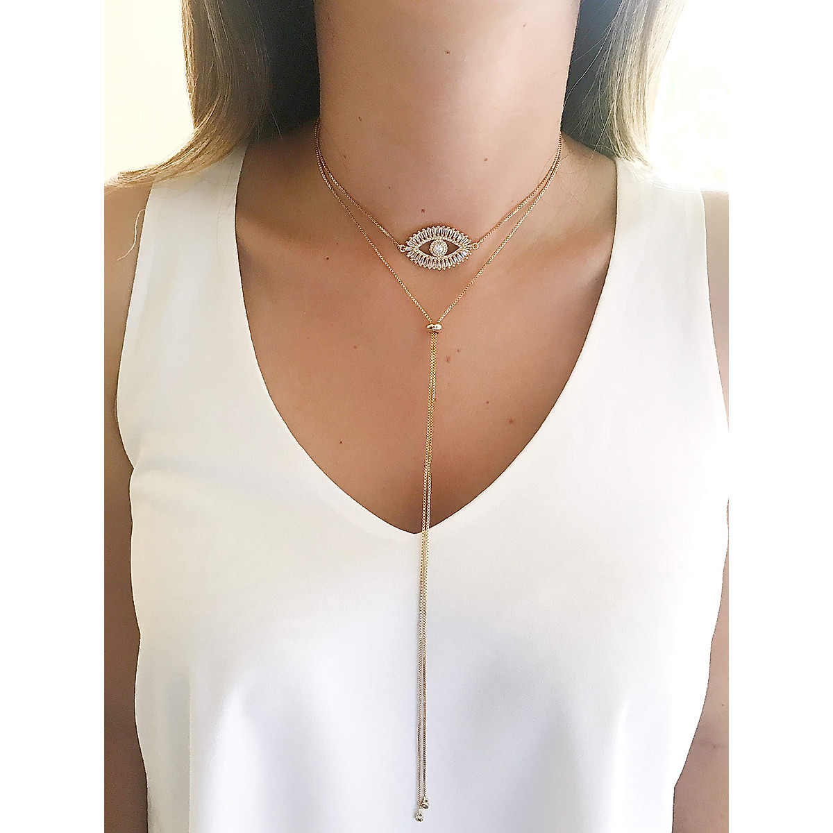 LESLIE BOULES Gold Evil Eye Lariat Necklace for Women 18K Gold Plated Sliding Adjustable Chain Choker Jewelry