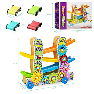 Wooden Race Track for Toddlers, 3 in 1 Wooden Car Ramp with 4 Mini Racer Cars and 8 Turnable Gears. Educational Montessori Toys for 2 3 4 5 Year Old Boys Girls