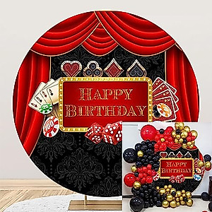 AWERT Polyester Diameter 3ft Happy Birthday Round Backdrop Casino Themed Dice Poker Chips Red Curtain Photography Background 1st Birthday Party Decoration Supplies Photo Studio Props
