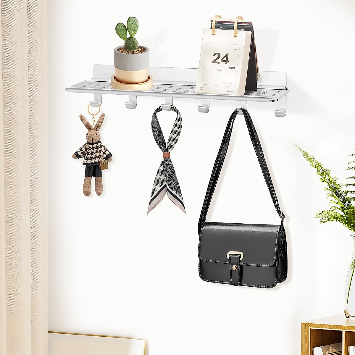 Wall Hooks with Shelf, Small Rustic Wood Key Rack with 6 Hooks, Metal Coat Rack with Shelf Wall-Mounted, Entryway Hanging Shelf, Organizer for Living Room Bedroom Bathroom Office Home Decor(Silvery)