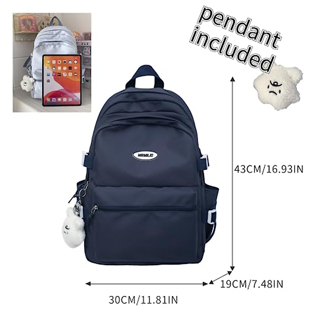 VTTDB Kawaii Backpack with Cute Accessories Casual Aesthetic Daypack Simple Laptop Bag Waterproof Travel Rucksack for Women (dark blue)