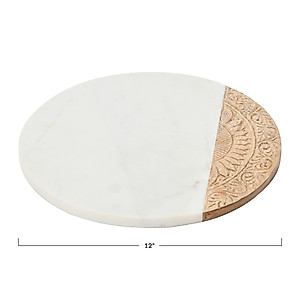 Creative Co-Op Contemporary Mango Wood and Marble Serving Engraved Design Cutting Board, 12" Round, White & Natural