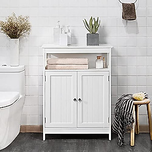Yaheetech Bathroom Floor Storage Cabinet, Wooden Free Standing Storage Organizer with 2 Doors & Adjustable Shelves, for Living Room Hallway, White