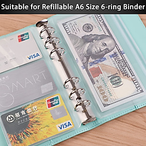 HAUTOCO 15PCS A6 6-Holes Binder Pockets Clear PVC Binder Envelopes Zipper Binder Pouches for A6 Notebook Binder, Waterproof Cash Budget Envelopes