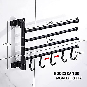 Swivel Towel Rack, 4-Arm Bathroom Wall Mounted Swivel Towel Bars Holder with Hooks Rustproof 180° Rotation Towel Organizer for Bathroom Kitchen