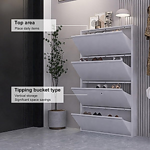 GREATMEET Metal Shoe Cabinet with 4 Flip Drawers, Wall Mount Metal Shoe Organizer for Entryway, 4 Layers Steel Shoe Rack Cabinet, Shoes Cabinet Storage Entryway(White, 4 FILP Drawers)