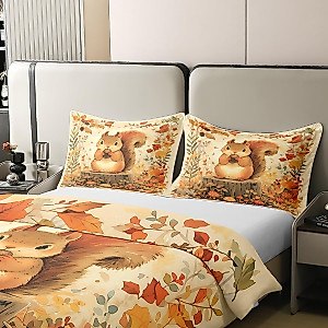 Cute Squirrel Bedding Set Queen 100% Cotton Cartoon Mushroom Watercolor Maple Leaves Duvet Cover for Kids Teens Adults Lovely Wild Animal Fall Rustic Style Comforter Cover,2 Pillowcases(No Comforter)