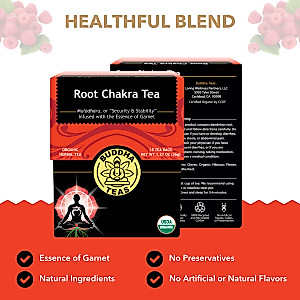 Buddha Teas - Root Chakra Tea - Organic Herbal Tea - For Security & Stability - With Ashwagandha Root, Raspberry Leaf, Cloves & Garnet Essence - 100% Kosher & Non-GMO - 18 Tea Bags (Pack of 1)