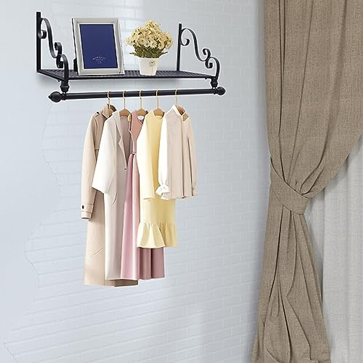 RustyVioum Wall Mounted Clothes Shelf, 80x28cm Retro Garment Shelf Clothes Organizer Shelf, Metal Closet Organizer Bedroom Coat Hanging Rack, Black