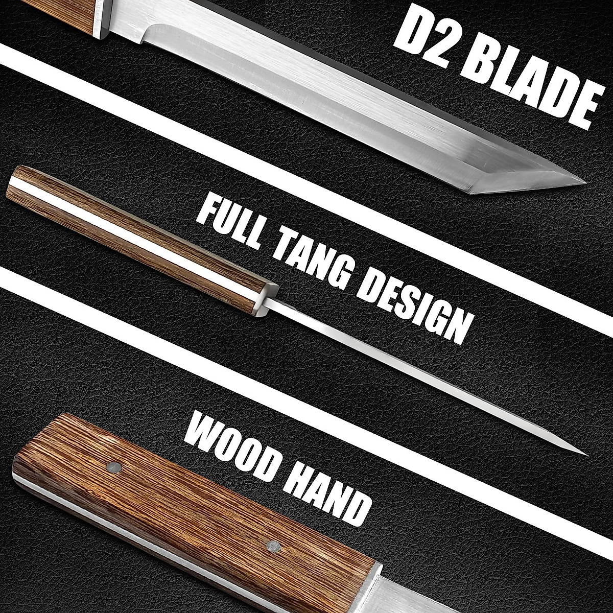 MADSABRE Samurai Full Tang Knife Japanese Katana - Tanto Fixed Blade Knives for Outdoor Tactical Hunting Survival Knives with Wooden Sheath (D2 Steel-Yellow)