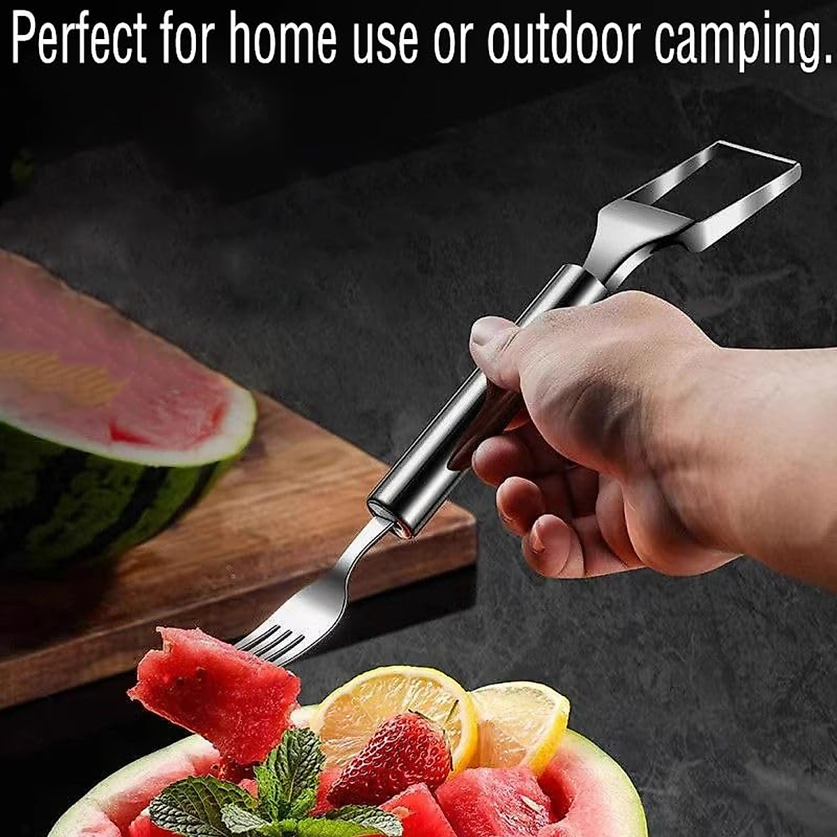 2024 New Watermelon Fork Slicer Cutter Slicer Tool, 2-in-1 Stainless Steel Fruit Cutter, Dual Head Fruit Forks Slicer Knife with Round Handle (2Pcs)