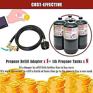 ATKKE Propane Refill Adapter Hose for 1 lb. Tanks, 48'' Propane Gas Extension Hose Fill 1lb Bottles from 20lb Tank, On/Off Shutoff Control Valve (QCC1 Type1 Inlet),4 Feet