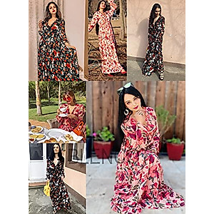 BLENCOT Womens Casual Floral Deep V Neck Long Sleeve Long Evening Dress Cocktail Party Maxi Wedding Dresses Floral Pattern Red Medium
