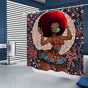 4 Pcs Durable Fabric African American Bathroom Shower Curtain Set,Bathroom Sets with Black Girl Shower Curtain and Rugs，with Toilet Lid Cover and Bath Mat