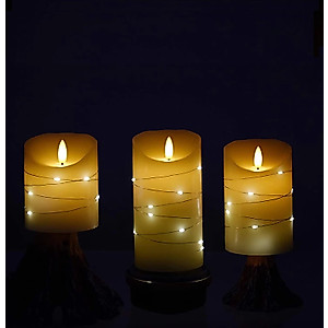 DANIP White LED flameless Candle with Embedded Star Light String, Three Piece LED Candle, with 11 Key Remote Control, 24-Hour Timer Function, Dancing Flame, (Ivory White)