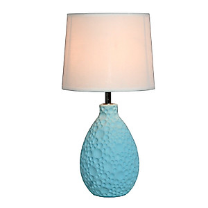 Simple Designs LT2003-BLU Textured Stucco Ceramic Oval White Fabric Shade Table Lamp, Blue