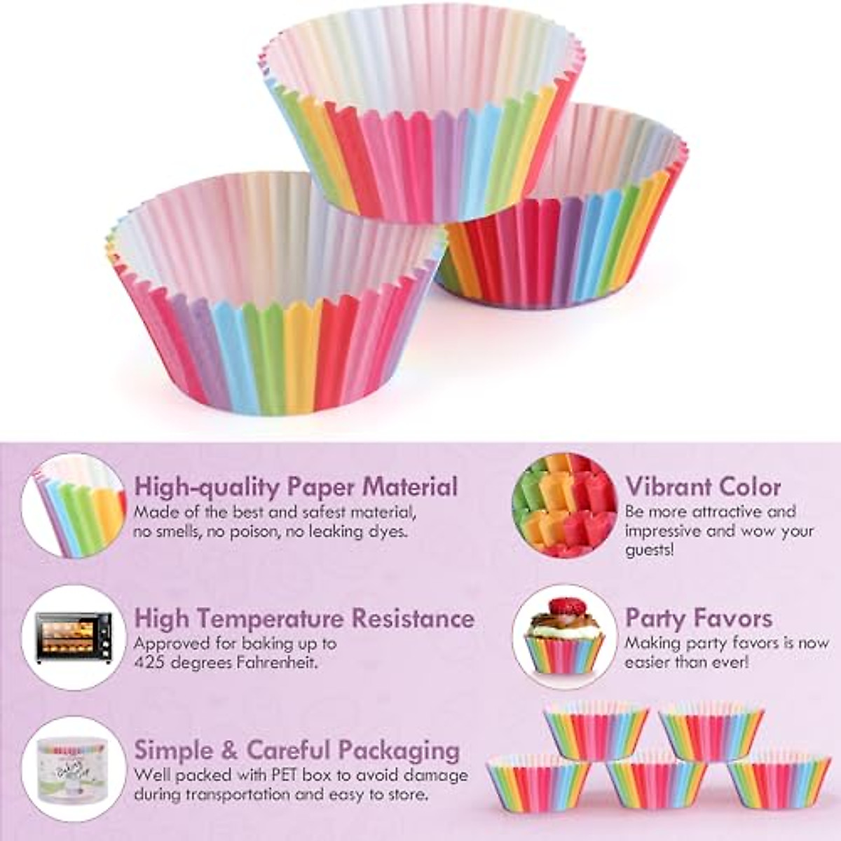 TRUSBER Cupcake Liners, 100 pieces Rainbow Baking Cups Paper Muffin Wrappers Nonstick Muffin Molds Baking Cup Holders for Wedding, Birthday, Baby Shower or Holiday Party