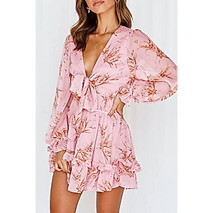 PRETTYGARDEN Women's Short A-Line Flare Dress Knot Front Long Sleeve V Neck Tiered Ruffle Swing Mini Skater Dresses (Pink Floral,Small)