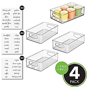 mDesign Plastic Kitchen Bins with Handles and Preprinted Cursive Food Labels Combo Set for Organizing Pantry, Kitchen, Shelves, or Counter, Includes 4 Clear Bins and 120 White Labels with Black Text