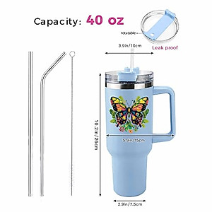 LB LEOBON 40 ounce insulated cup with handle, double-layer vacuum stainless steel material, equipped with straw, can keep warm or maintain cold drinks Butterfly Flowers 2 wathet