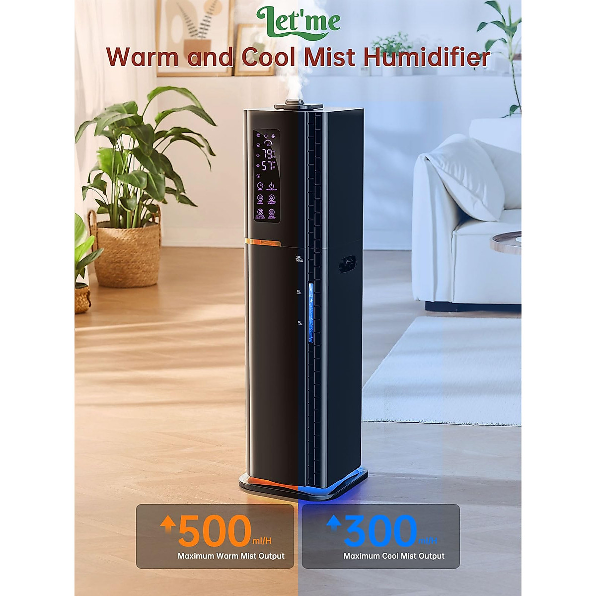 2.64Gal Humidifiers for Bedroom Large Room, Warm and Cool Mist up to 500ft², Top Fill Diffuser Ambient Light, 3 Mist Modes, 24H Timer,35dB Quiet Humidifier for Home Office Plant