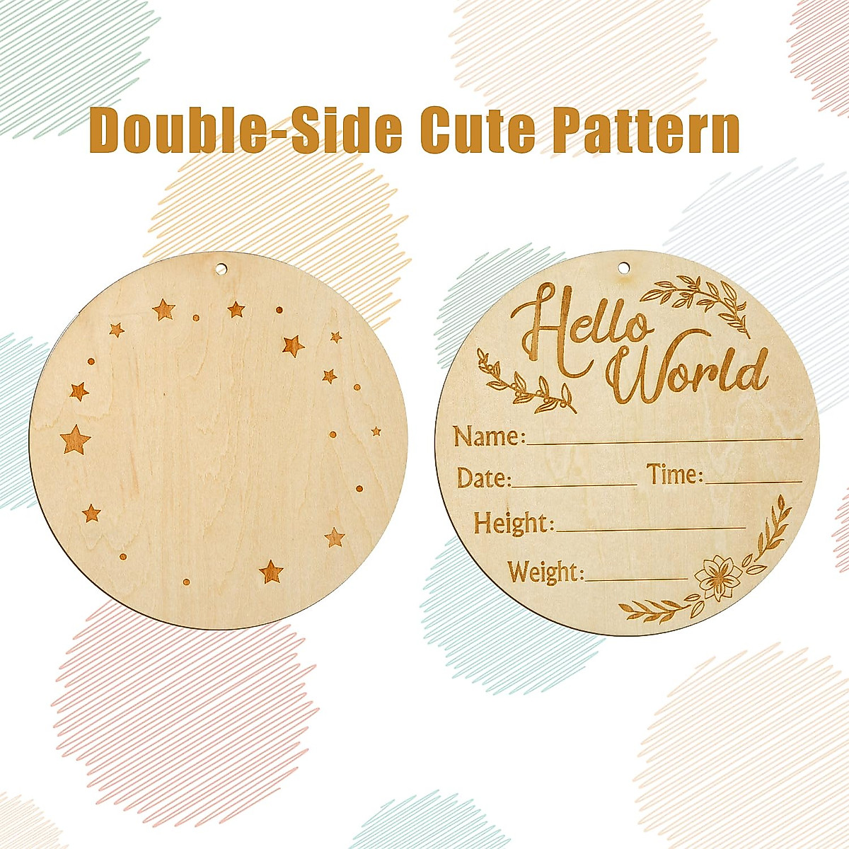 Baby Announcement Sign, 5.9 Inch Double Side Wooden Hello World Newborn Sign Baby Birth Announcement Sign Round Name Plaque with Ink Pad for Hospital Baby Nursery Photo Props