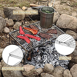 PSKOOK Folding Campfire Grill, Portable Camping Grill Grate, 304 Stainless Steel Camp Fire Cooking Racks for Compact Storage, BBQ Grill for RV Camping, Hunting trip, Bushcraft, Picnics, Fishing