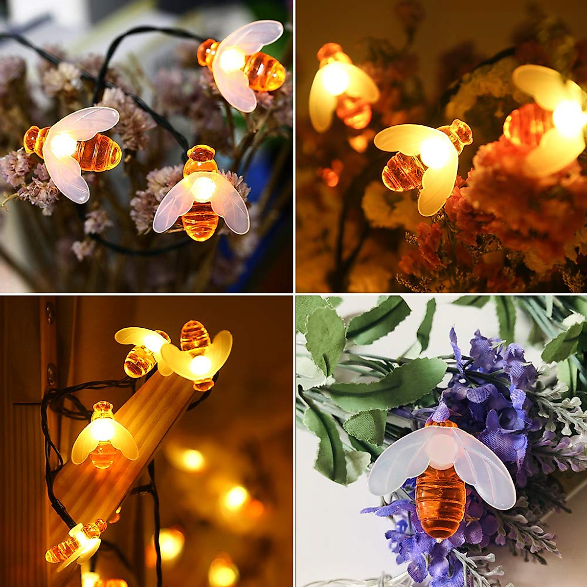 Metaku Solar Lights Outdoor Bee String Lights 23ft 30 LED Honeybee Lights Solar Powered 8 Modes Auto On/Off Christmas Lights Outdoor Waterproof Decorative Fairy Light for Patio Garden Gazebo Balcony