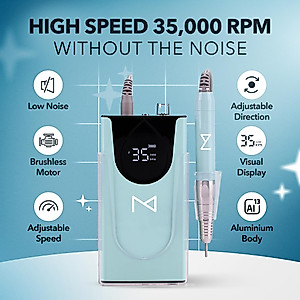 M Max - Professional Nail Drill Machine - 2-in-1 Brushless Motor Nail File - Electric, Cordless, Aluminium Alloy Casing, 35000 RPM, HD Display - Perfect for Salon & Home Use (Mermaid)