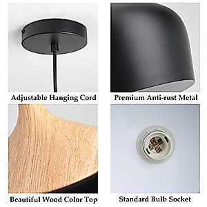 KARMIQI Farmhous Pendant Lights LED Bulb Included Black Pendant Lights Kitchen Island with Metal and Faux Wood Shade, Pendant Hanging Light Fixtures for Kitchen, Dining Room, Living Rooms,Hallway