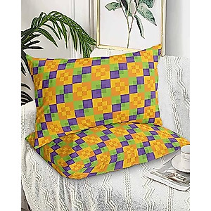 Edwiinsa Halloween Pillow Covers King Standard Set of 2 Bed Pillow, Yellow Green Purple Plaid Checkered Geometric Plush Soft Comfort for Hair/Skin Cooling Pillowcases with Envelop Closure 20''x36''